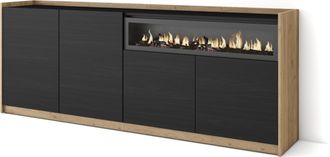Skraut Home | Sideboard, Highboard | Kommode, Komodenschrank | 207x80x37 cm | 4 Türen | Elektrokamin. | Moderner Stil | Schwarz Eiche