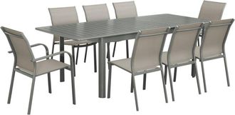 Sweeek Sweeek - Table de jardin extensible aluminium et textil&egrave;ne kaki, 6 chaises, 2 fauteuils, 8 places, 236,5 x 100 x 75 cm