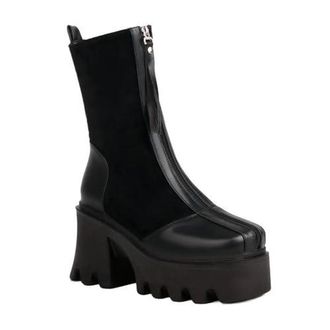 Generic Bottines &agrave; bout carr&eacute; pour femme - Fermeture &eacute;clair sur le devant - Talon bloc - Plateforme - Style motard - Chaussures punk dhiver tendance, Noir, 40