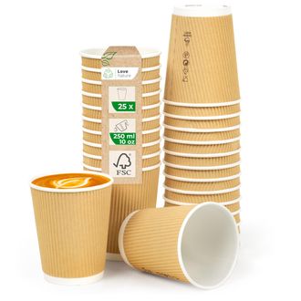 Love Nature Riffelbecher 250 ml 10 oz - Kaffeebecher to Go 25 St&uuml;ck aus Kraftpapier - Pappbecher aus braun Kraftkarton von Kaffee, Tee, hei&szlig;en und kalten Getr&auml;nke
