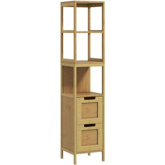 HOMCOM Meuble Colonne Rangement Salle de Bain Style Cosy dim. 30L x 30l x 144H cm 3 &eacute;tag&egrave;res 2 tiroirs Bambou-Bois naturel