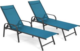 IDMarket Set aus 2 verstellbaren Gartenliegen FIDJI aus anthrazitgrauem Stahl und duckblauem Stoff