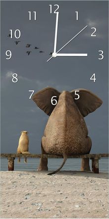 Wallario Design-Wanduhr, Acrylglasuhr Größe 30 x 60 cm, weiße Zeiger, Motiv Elefant und Hund sitzen auf Einer Bank