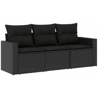 vidaXL 3-tlg. Garten-Sofagarnitur mit Kissen Schwarz Poly Rattan - Vidaxl