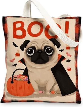 Generic Sacs fourre-tout en toile pour Halloween, motif chien mignon et bonbons, sacs dépicerie réutilisables, amusants, ludiques, légers et lavables, Orange,