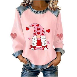 Generic Sweat-shirt de Saint-Valentin pour femme en denim vintage patchwork sweatshirts dr&ocirc;le mignon coeur gnome graphique chemise en jean gaufr&eacute; &eacute;pissure col