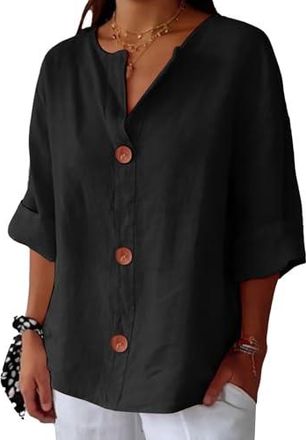 Generic Chemise boutonn&eacute;e en coton et lin &agrave; manches 3/4 pour femme, col en V, uni, coupe ample, tenue dautomne, Noir, 4XL
