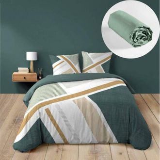 Douceur d'Int&eacute;rieur Parure de lit 240 X 220 Z&Eacute;PHYR + Drap-housse Sauge 140X190 - 100% coton