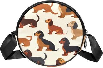 Generic Petit sac &agrave; bandouli&egrave;re rond pour femme, motif teckel de dessin anim&eacute;, avec fermeture &eacute;clair, bretelles r&eacute;glables, sac &agrave; main rond d&eacute;contract&eacute; pour fe