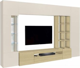Dmora Modulare Wohnwand Sand, Italienisches Design: 14 Regalb&ouml;den, 24 F&auml;cher, Klappt&uuml;ren, 290x40x191.2h cm, Eiche Braun