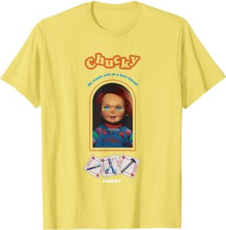 Chucky T-Shirt für Frauen und Männer, Klassische Passform, Gelb, Größe S, Kurzarm, Chucky Box vintage style T-Shirt