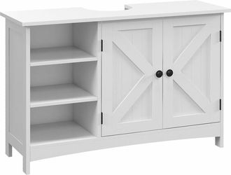 Kleankin Kleankin - Meuble vasque - meuble sous-vasque - 2 portes croisillon, &eacute;tag&egrave;re, 3 niches - poign&eacute;es boutons m&eacute;tal noir - dim. 90L x 30l x 60H cm - mdf
