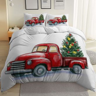 Generic Bettwäsche Set 135 x 200 cm, Weihnachten LKW Aquarell Gedrucktes Muster, Rot Grün Gebürstete Mikrofaser Weiche & Atmungsaktive Bettwäsche-Sets mit Rei