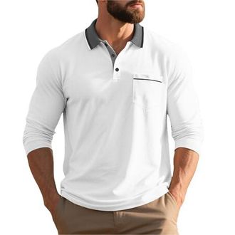 Generic Polo &agrave; manches longues pour homme avec poche en coton boutonn&eacute;e pour affaires et bureau - Pull d&eacute;contract&eacute; 2026, blanc, 3XL