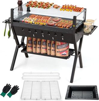 Costway Costway - Barbecue à Charbon de Bois Extérieur, Gril au Charbon de Bois en Acier Inoxydable avec Pare-vent, Supports dAssaisonnement, Étagère de