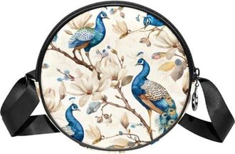 Generic Sac &agrave; bandouli&egrave;re rond pour femme, motif floral paon avec fermeture &eacute;clair, bretelles r&eacute;glables, sac &agrave; main rond d&eacute;contract&eacute; pour femmes et filles