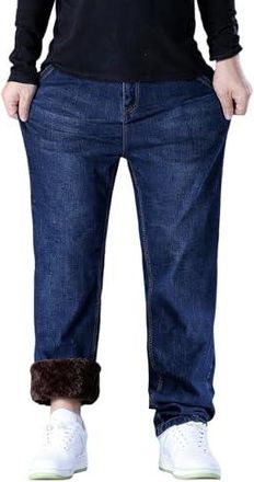 Generic Jean pour homme, coupe droite, doublure en polaire, pantalon en denim extensible, pantalon baggy vintage uni avec poches, jambe large, coupe ample, pa