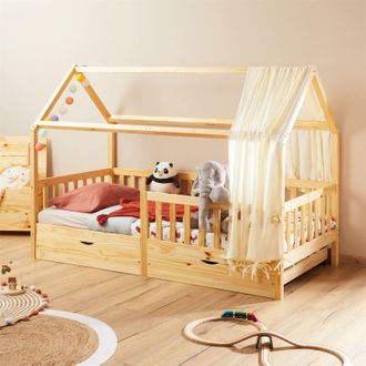 IDIMEX Hausbett NUNA aus massiver Kiefer, Montessori Bett in 90 x 200 cm mit Rausfallschutz, Spielbett mit Schubladen, modernes Kinderbett mit Dach in Natur