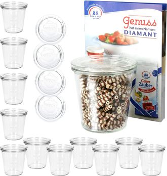 MamboCat 12er Set Weckgläser mit Deckel Sturzglas 290 ml I Original Weck Sturzglas Dessertglas I Einweckgläser mit Deckel für Kuchen Gelees UVM I inkl. Diamant