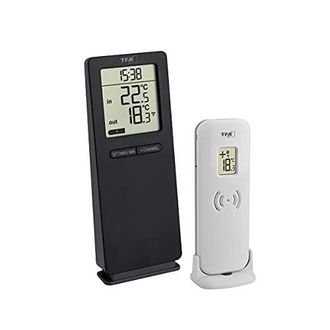 TFA Dostmann Logoneo Thermometer innen/aussen, 30.3071.01, mit Außensender, optional auf 3 Sender erweiterbar, inkl Uhr, schwarz