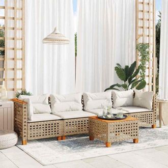 vidaXL 5-tlg. Garten-Sofagarnitur mit Kissen Beige Poly Rattan - Vidaxl