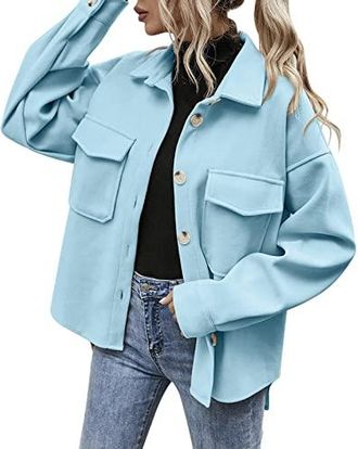 Generic Vestes pour femmes 2026 veste en laine boutonn&eacute;e de couleur unie d&eacute;contract&eacute;e &agrave; revers court ample, bleu, XL