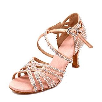 MGM-Joymod Sandales de Danse &agrave; Bout Ouvert et avec Sangles crois&eacute;es Strass pour Femme pour Salle de Bal, Beige de 7,5cm Talon,38 EU
