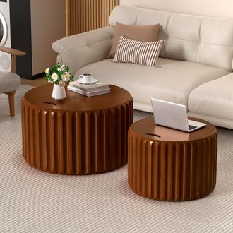 Generic Rundes Beistelltisch-Set (2-teilig), runde Holz-Stapeltische mit Holzmaserung, Beistelltisch-Sets im Landhausstil f&uuml;r kleine Wohnzimmer,I