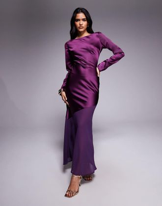 Ra-Re Exclusivité - Rare London - Robe longue en satin à manches longues et ourlet transparent - Violet