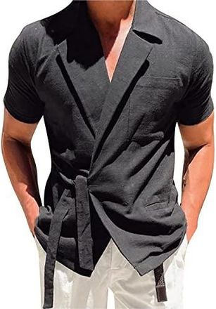 Generic T-shirt pour homme en coton et lin blanc pour homme - Chemises d&eacute;contract&eacute;es &agrave; manches courtes avec col - T-shirt d&eacute;contract&eacute; pour la gym - T-shirt am