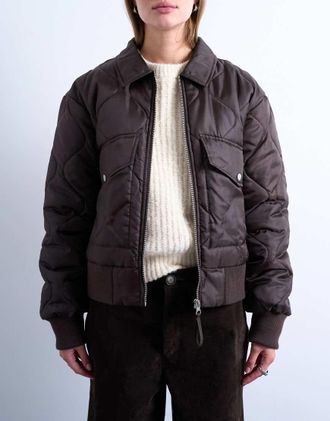 Topshop Bomber raccourci avec col - Chocolat-Brown