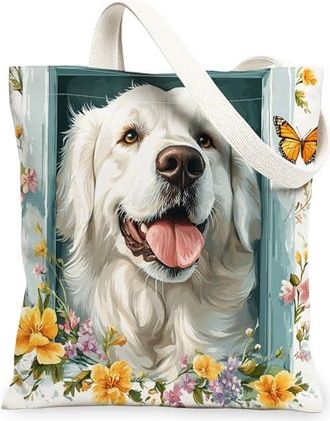 Generic Sac fourre-tout en toile motif chien des Pyr&eacute;n&eacute;es printani&egrave;res 33 x 38,1 cm, motif floral amusant, r&eacute;utilisable, sac d&eacute;picerie pour femme, peinture da