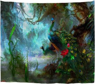 A.Monamour Wandteppiche Zwei Pfauen In Märchenwald Malerei Bild Gedruckt Tier Thema Kunst Dekore Gewebe Wandteppich Wandbehänge Vorhang Für Schlafzimmer Wohnzimm