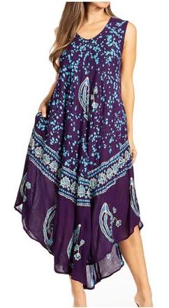 Sakkas B900 Moon and Stars Batik Caftan Tank Dress/Cover Up - Eqqplant/Turquoise - One Size
