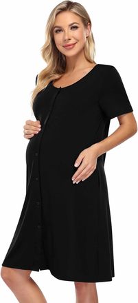 KOJOOIN Nachthemd Damen Geburt Stillnachthemd Kurzarm Schlafanzug Schwangerschaft Pyjama Nachtw&auml;sche mit Durchgehender Knopfleiste Schwarz XL
