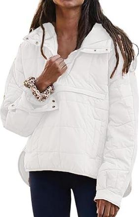 Generic Manteau surdimensionn&eacute; l&eacute;ger &agrave; capuche en coton pour femme, veste de loisirs confortable et coupe-vent, blanc, XXL