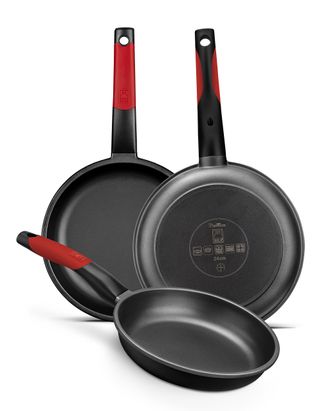 Bra Premiere | Set mit 3 Bratpfannen aus antihaftbeschichtetem Aluminiumguss, geeignet für alle Herdarten, einschließlich Induktion, Schwarz mit rotem Sil