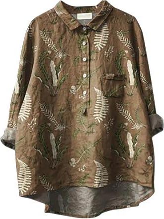 Generic Chemisier Femmes Coton Et Lin Chic D&eacute;contract&eacute; Chemises D&eacute;t&eacute; &Agrave; Manches Longues Col V L&acirc;che Tops L&eacute;ger Respirant Tunic Mode Coton Et Lin Chic Et Elegan