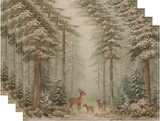 Generic Platzsets mit Winterwald, Hirsch, rustikale Wildnis, Tier-Tischsets f&uuml;r Esstisch, saisonaler Urlaub, rutschfest, waschbar, f&uuml;r Innen- und Au&szlig;enbereich