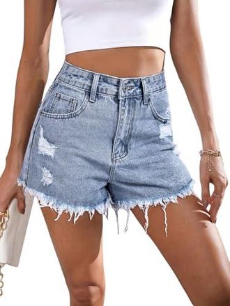 SOLY HUX Short en jean pour femme - Bermuda en denim avec franges - Short d&eacute;t&eacute; avec poches - Short d&eacute;t&eacute; streetwear d&eacute;contract&eacute;, bleu, XL