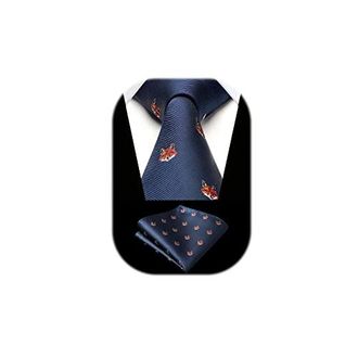 Hisdern Cravates &agrave; motif animalier pour hommes Bleu marine Cravate Mariage Affaires Renard Originale Poche Carr&eacute; Ensemble &Eacute;l&eacute;gant pour F&ecirc;te