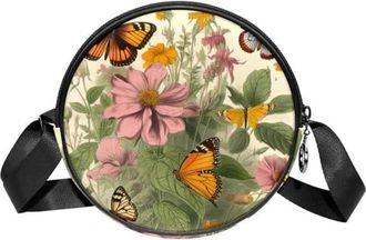 Generic Petit sac &agrave; bandouli&egrave;re circulaire pour femme, motif papillons et fleurs sauvages, sac &agrave; dos avec fermeture &eacute;clair, bretelles r&eacute;glables, sac &agrave; main ro