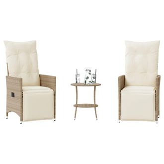 Festnight JHQHSM 3-TLG. Bistro-Set mit Kissen Beige Poly Rattan, Gartenm&ouml;bel mit Verstellbarer R&uuml;ckenlehne und waschbaren Bez&uuml;gen f&uuml;r Terrasse und Balkon, wette