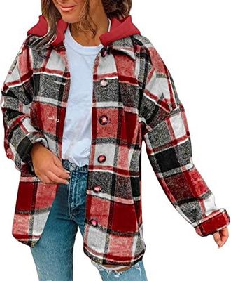 Generic Vestes pour femmes 2026 &agrave; manches longues boutonn&eacute;es &agrave; carreaux en flanelle veste &agrave; capuche manteaux &agrave; capuche, Rouge, XXL