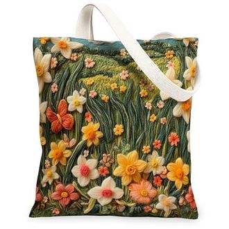 Generic Sac fourre-tout en toile motif jonquilles printani&egrave;res pour le shopping, 33 x 38 cm, sac d&eacute;picerie r&eacute;utilisable pour femme, motif floral de voyage, d&eacute;