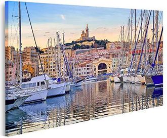 Islandburner Tableau sur toile Les yachts se refl&egrave;tent dans les eaux calmes du Vieux Port de Marseille Cadre Affiche Poster Murale Tableaux