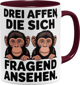 OM3 witzige Kaffee-Tasse mit Spruch - Drei Affen, die sich fragend ansehen | Keramik Becher | 325ml | Beidseitig Bedruckt | Bordeaux