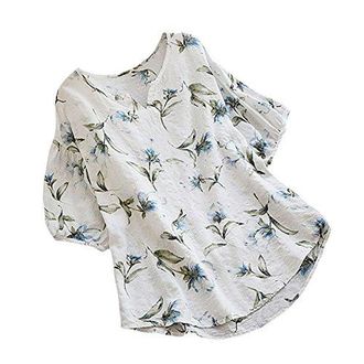 Generic Hauts en lin grande taille pour femme - Haut &agrave; col rond pour femme - Haut graphique &agrave; manches courtes - &Eacute;paules tombantes - Chemise l&eacute;g&egrave;re &agrave; ourlet as
