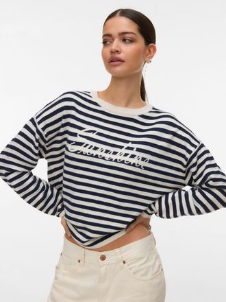 Vero Moda Strickpullover VERO MODA VMAPPLE LS O-NECK PULLOVER BOO, Damen, Gr. S, birch stripes:navy blazer, Strick, Obermaterial: 80% Polyester, 20% Nylon, gest