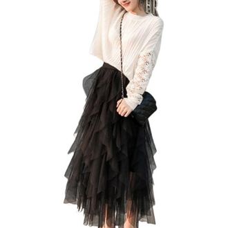 Generic Jupe Longue &eacute;l&eacute;gante &agrave; Volants superpos&eacute;s et Coupe asym&eacute;trique pour Femme, Style midi Fluide, id&eacute;ale pour Les soir&eacute;es et Les Clubs. (Black,Grand)
